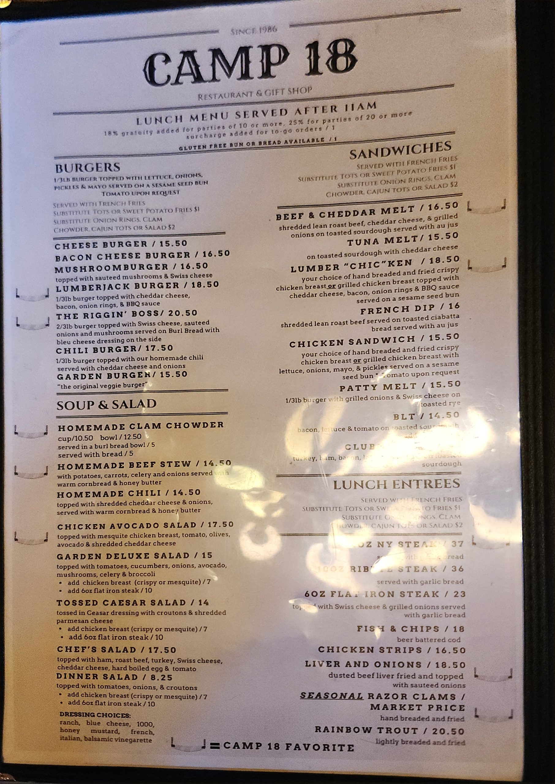 Camp 18 Menu (update November 2025)